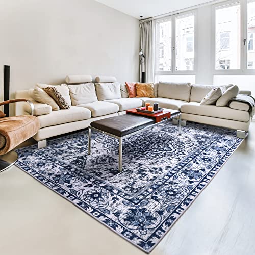 YJ.GWL Boho Area Rug 4x6, Persian Washable Bedroom Rug, Soft Oriental Distressed Accent Rugs for Living Room Dining Room, Non-Slip Non-Shedding Low-Pile Entryway Rug Floor Carpet, Blue