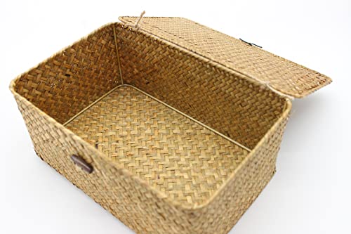Handwoven Seagrass Storage Bins Box with Lids, Rectangular Wicker Basket Storage Basket, Shelf Baskets Set of 3