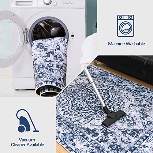 YJ.GWL Boho Area Rug 4x6, Persian Washable Bedroom Rug, Soft Oriental Distressed Accent Rugs for Living Room Dining Room, Non-Slip Non-Shedding Low-Pile Entryway Rug Floor Carpet, Blue