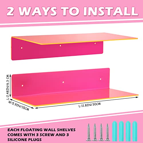 Set of 2 Acrylic Shelves 12 Inch Acrylic Wall Shelf Acrylic Floating Shelves Wall Mounted Display Organizer Book Shelf for Bedroom Living Room Bathroom Office Nursery Kitchen Book Display, Pink