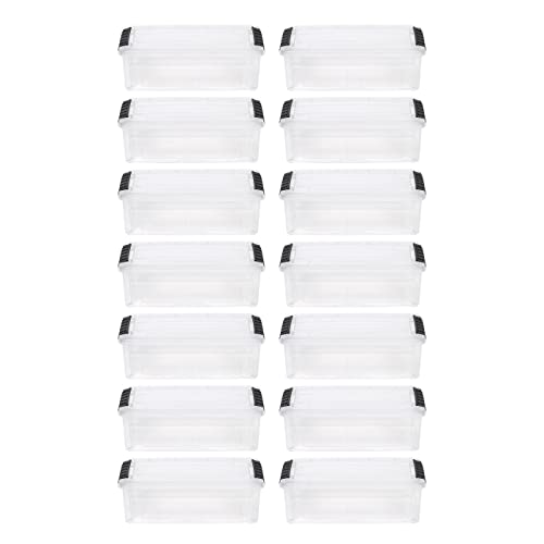 5 Qt. Plastic Storage Box, Stackable Plastic Storage Bins with Secure Lid and Latching Buckles, Nestable Organizing Tote Tub Box Toy General Organization Small,Clear, Set of 14