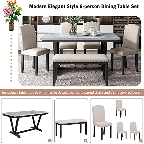 Merax Modern Style 6-Person Dining Table Set with 4 Chairs & a Bench, Marbled Veneers Tabletop and V-Shaped Legs, White(6pcs)