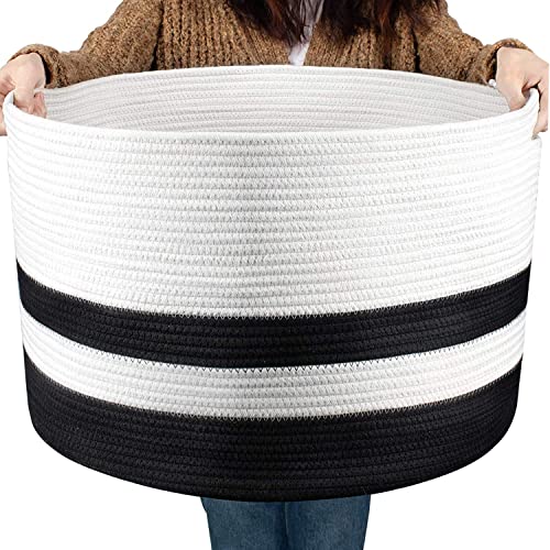 Blanket Basket for Living Room Large Cotton Rope Basket 21.7" x 21.7" x 13.8" Woven Laundry Basket Toy Storage Bins Black and White