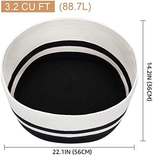 Blanket Basket for Living Room Large Cotton Rope Basket 21.7" x 21.7" x 13.8" Woven Laundry Basket Toy Storage Bins Black and White