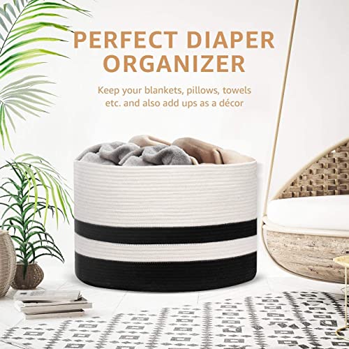 Blanket Basket for Living Room Large Cotton Rope Basket 21.7" x 21.7" x 13.8" Woven Laundry Basket Toy Storage Bins Black and White