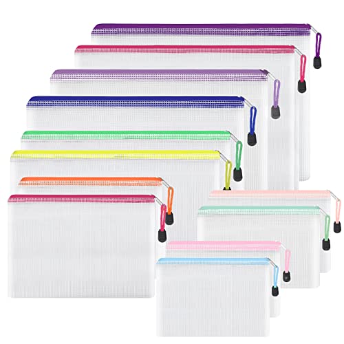 EOOUT 12pcs Multi-Size Mesh Zipper Pouches, 6 Sizes, 12 Colors Waterproof Zipper Bags, Water-Resistant Plastic Document Pouch for Office Supplies, Puzzles Storage