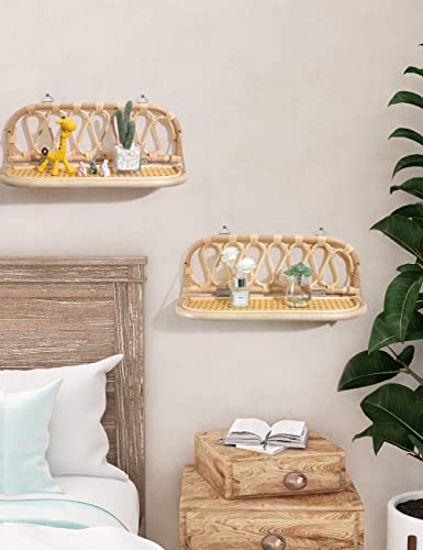 Sonefreiy Rattan Shelf Boho Wall Shelf Decorative Shelves Natural Handmade Woven Floating Shelf, Nursery Bedroom Living Room Bathroom Decor
