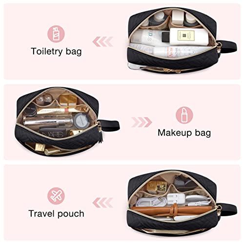 BAGSMART Cosmetic Pouch, Elegant Roomy Makeup Bag,Travel Zipper Pouch,Water-resistant Toiletry Bag,Makeup Accessories Organizer,Black