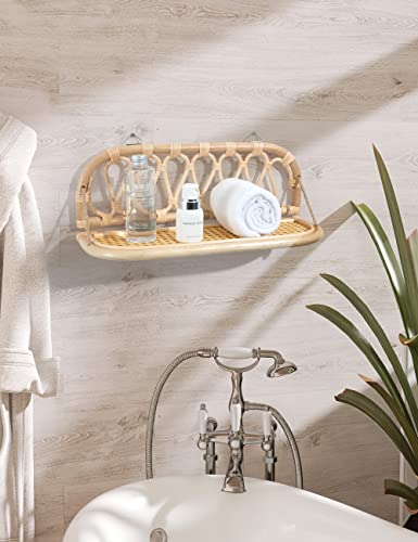 Sonefreiy Rattan Shelf Boho Wall Shelf Decorative Shelves Natural Handmade Woven Floating Shelf, Nursery Bedroom Living Room Bathroom Decor