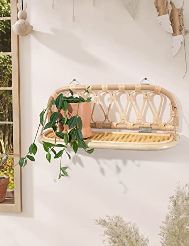 Sonefreiy Rattan Shelf Boho Wall Shelf Decorative Shelves Natural Handmade Woven Floating Shelf, Nursery Bedroom Living Room Bathroom Decor