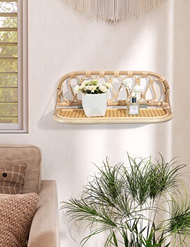 Sonefreiy Rattan Shelf Boho Wall Shelf Decorative Shelves Natural Handmade Woven Floating Shelf, Nursery Bedroom Living Room Bathroom Decor
