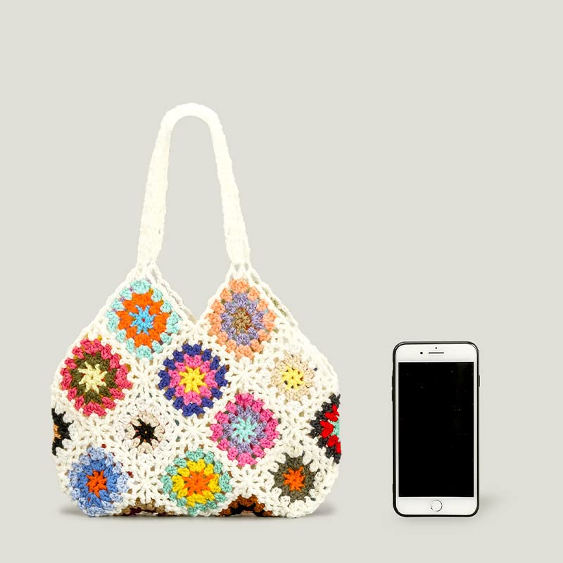 Bohemian Crochet Women Bags Plaid Lady Handbags Handmade Woven Knitted Summer Beach Bag Small Tote Bali Purses White