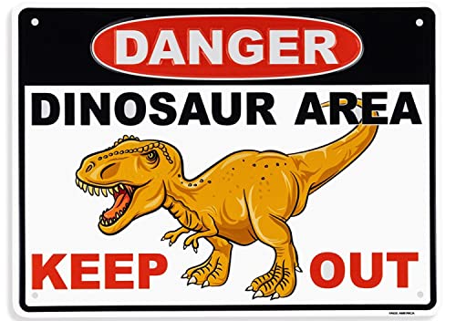 Tags America Dinosaur Sign - 9"X12" Dinosaur Room Decor for Boys, Embossed, Rust-Free, Recycled Aluminum Danger Dinosaur Keep Out Sign, Dino-Themed Boys Room Decor, Dinosaur Lovers Gift