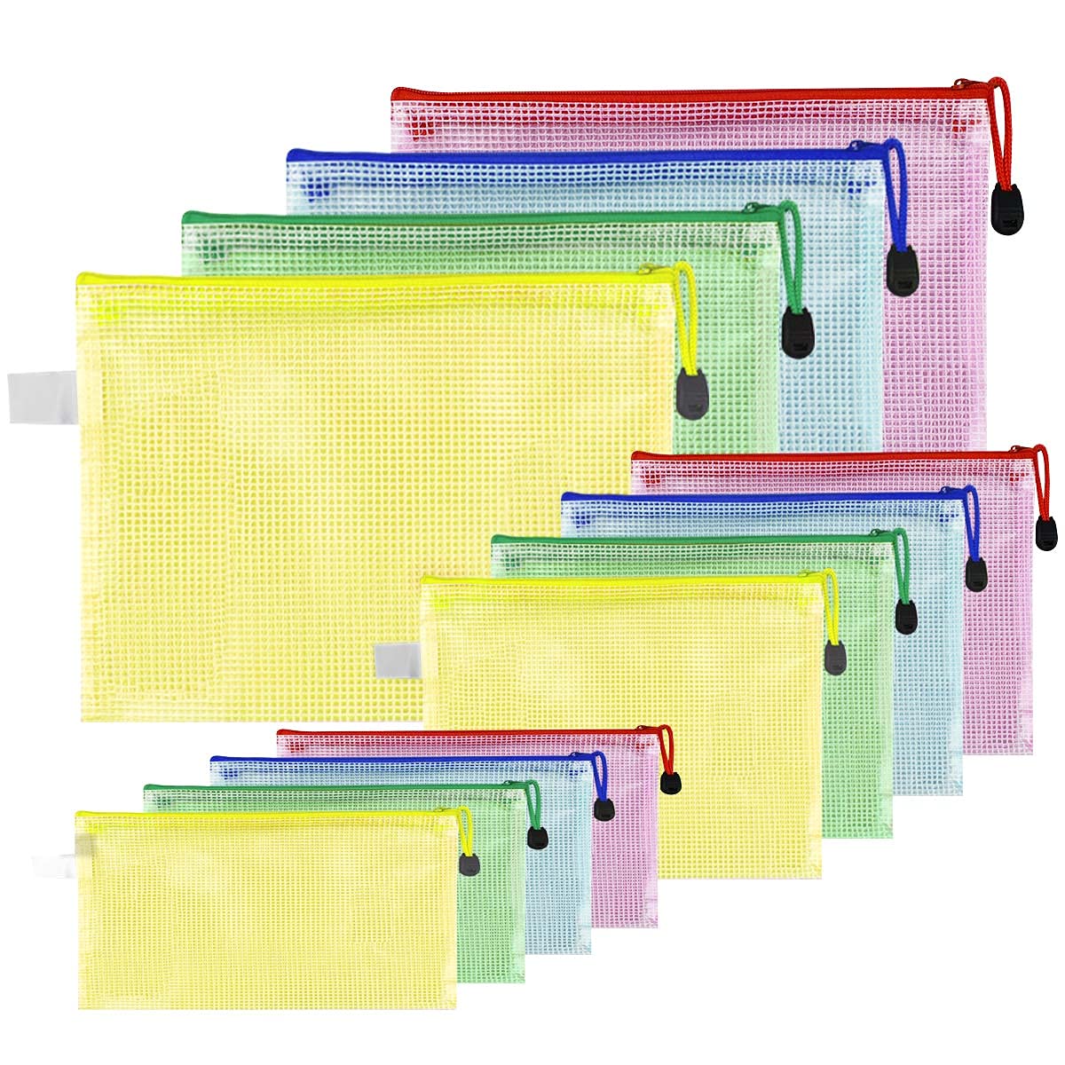 12 Pack Document Zipper Pouch Travel File Mesh Bags A4 A5 A6 Size School Office Supplies Colors Plastic Bag for Storage Waterproof Zip Folders Cosmetics Pouches Letter Pencil PVC Organizing for Home
