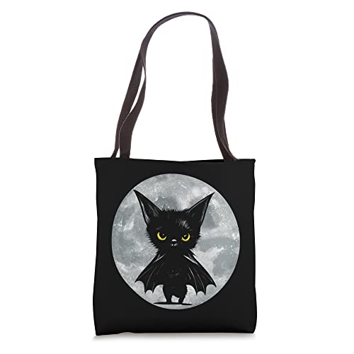 Halloween Cat and Moon: Grumpy Black Kitten In Bat Costume Tote Bag