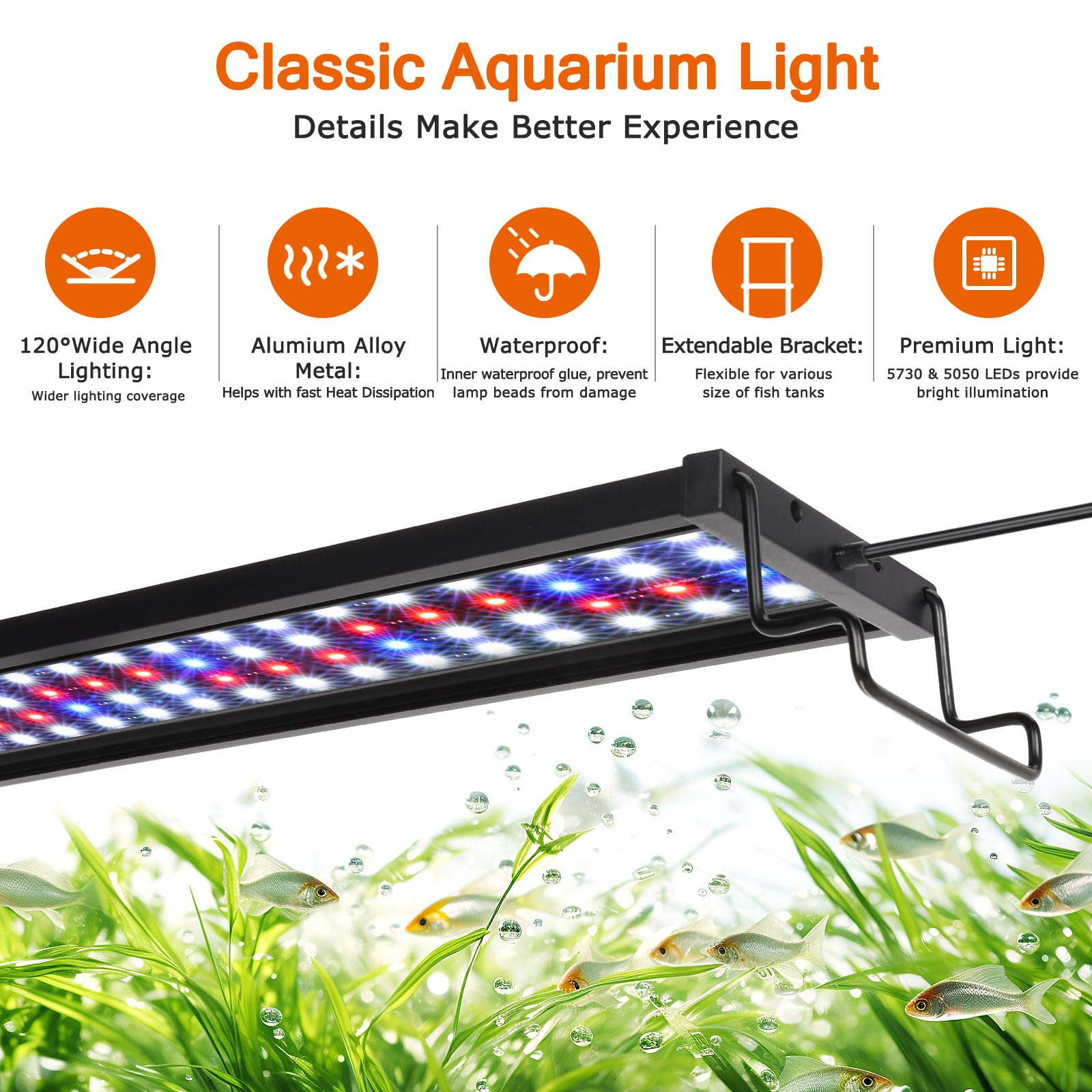 AQQA Full Spectrum Aquarium Light Plant Fish Tank Light with Timer 14 Colors Adjustable Waterproof LED Fish Light for Freshwater & Saltwater Tank 39-47 Inch (35W)
