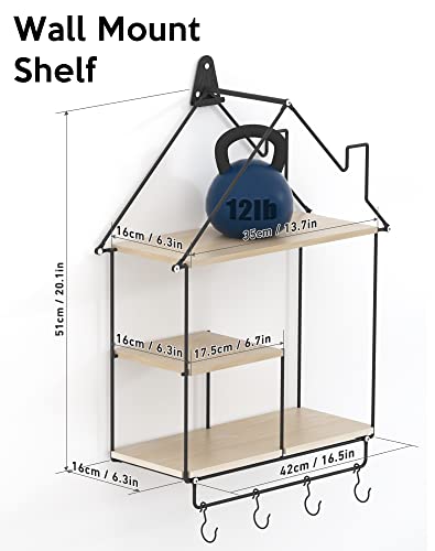 Tikea Floating Shelves, House-Shaped Wall Mounted Shelves for Storage, Modern Farmhouse Hanging Shelf with Metal Frames and Addition Hooks for Living Room Bedroom Bathroom Entryway Decor