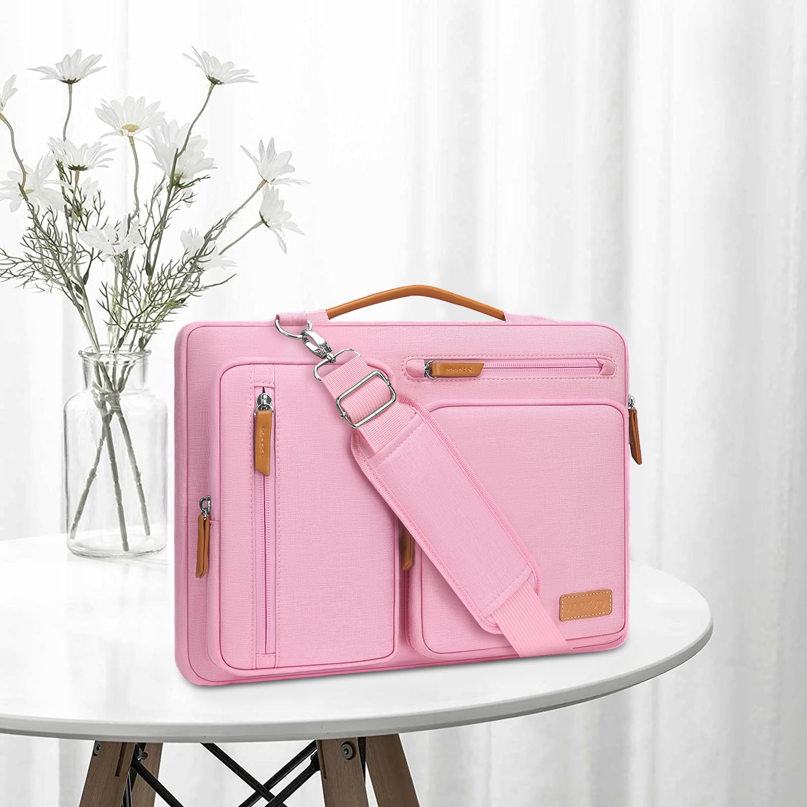 MOSISO 360 Protective Laptop Shoulder Bag,15-15.6 inch Computer Bag Compatible with MacBook Pro 16, HP, Dell, Lenovo, Asus Notebook,Side Open Messenger Bag with 4 Zipper Pockets&Handle, Pink