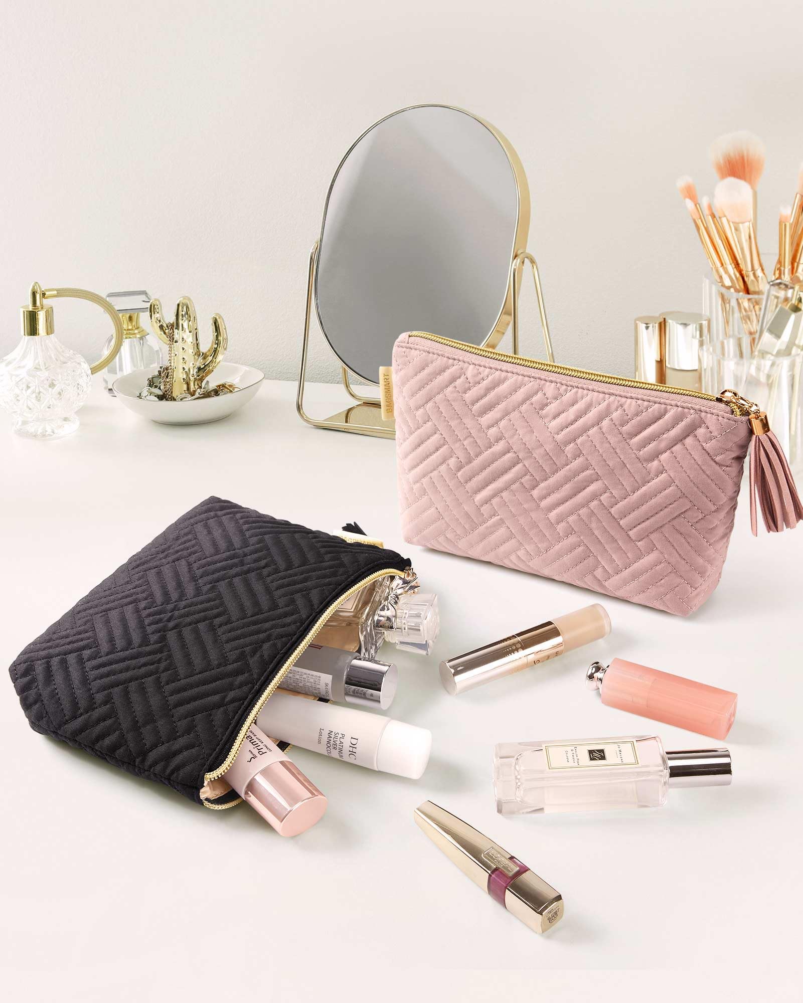 BAGSMART Cosmetic Pouch, Makeup Pouch Set,2 Pcs Small Makeup Bag for Purse,Travel Cosmetic Bag for Makeup Brushes Lipsticks Electonic Accessories, Pink+Black