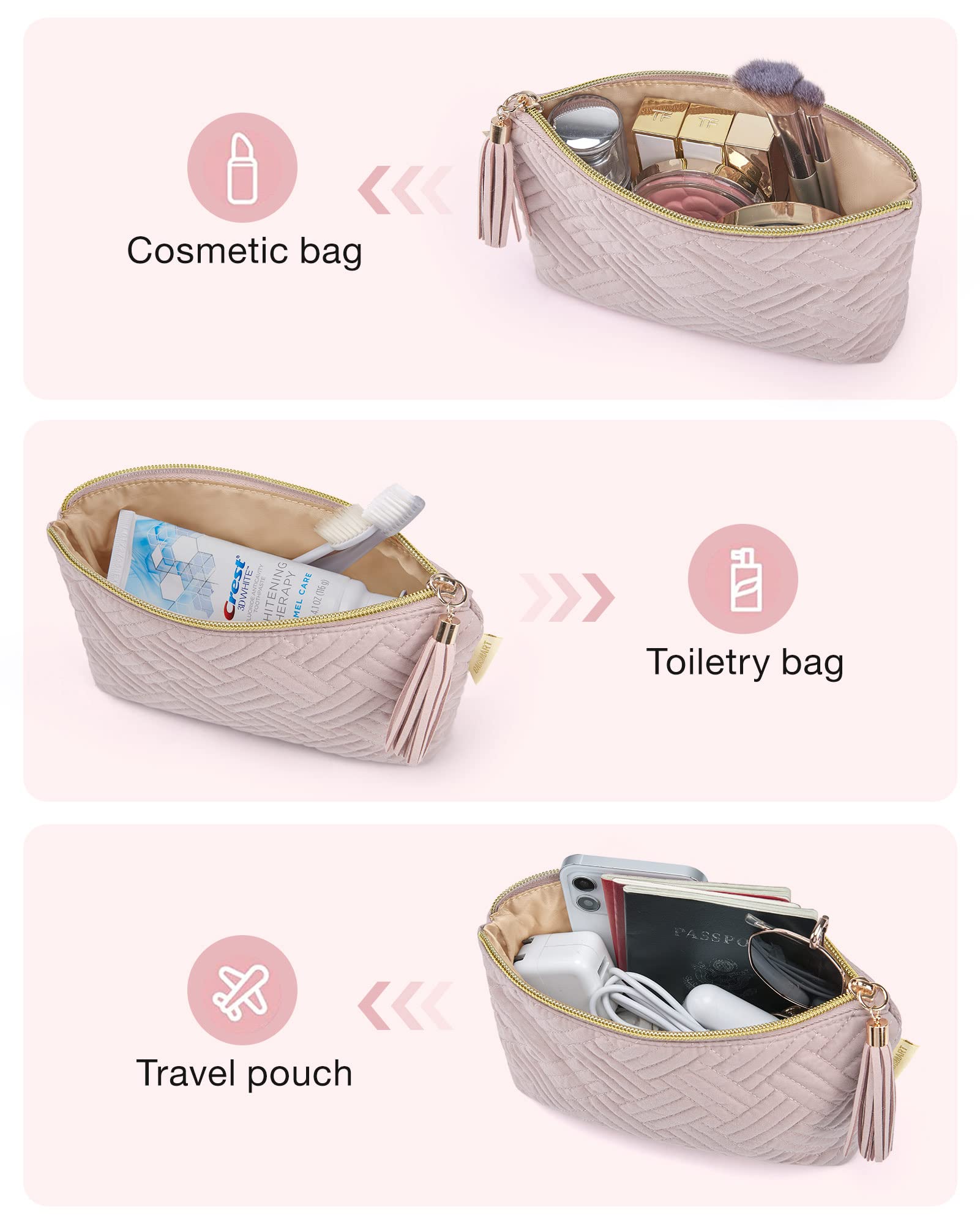 BAGSMART Cosmetic Pouch, Makeup Pouch Set,2 Pcs Small Makeup Bag for Purse,Travel Cosmetic Bag for Makeup Brushes Lipsticks Electonic Accessories, Pink+Black
