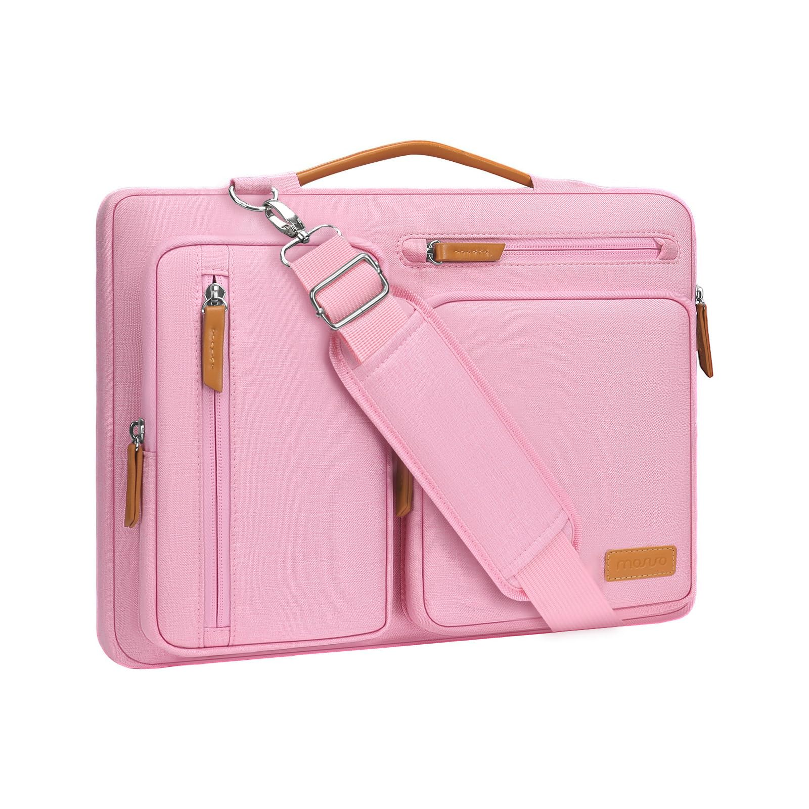 MOSISO 360 Protective Laptop Shoulder Bag,15-15.6 inch Computer Bag Compatible with MacBook Pro 16, HP, Dell, Lenovo, Asus Notebook,Side Open Messenger Bag with 4 Zipper Pockets&Handle, Pink