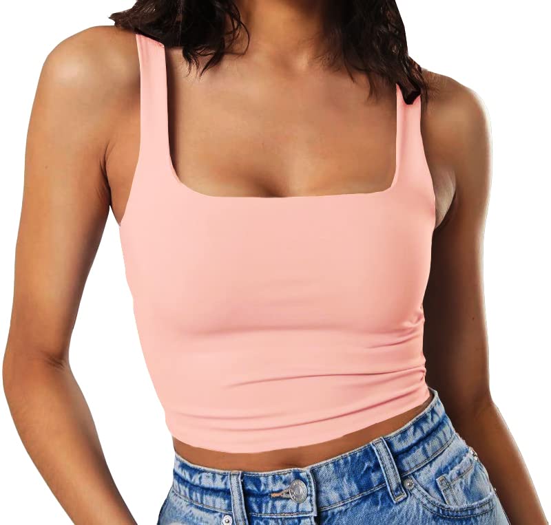 Artfish Women's Sleeveless Strappy Seamless Crop Tank Tops Square Neck Workout Fitness Basic Cropped Camis Lotus Pink, L