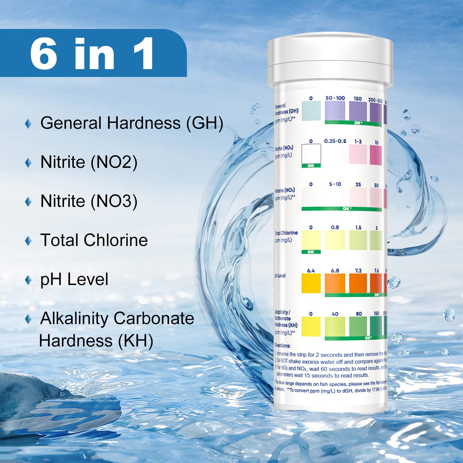 Aquarium Test Strips - Ammonia Test Kit for Aquarium - DIP & GO 6 in 1 Aquarium Water Test Kit for Freshwater, Fish Tank Water Testing Kit, 100 Strips