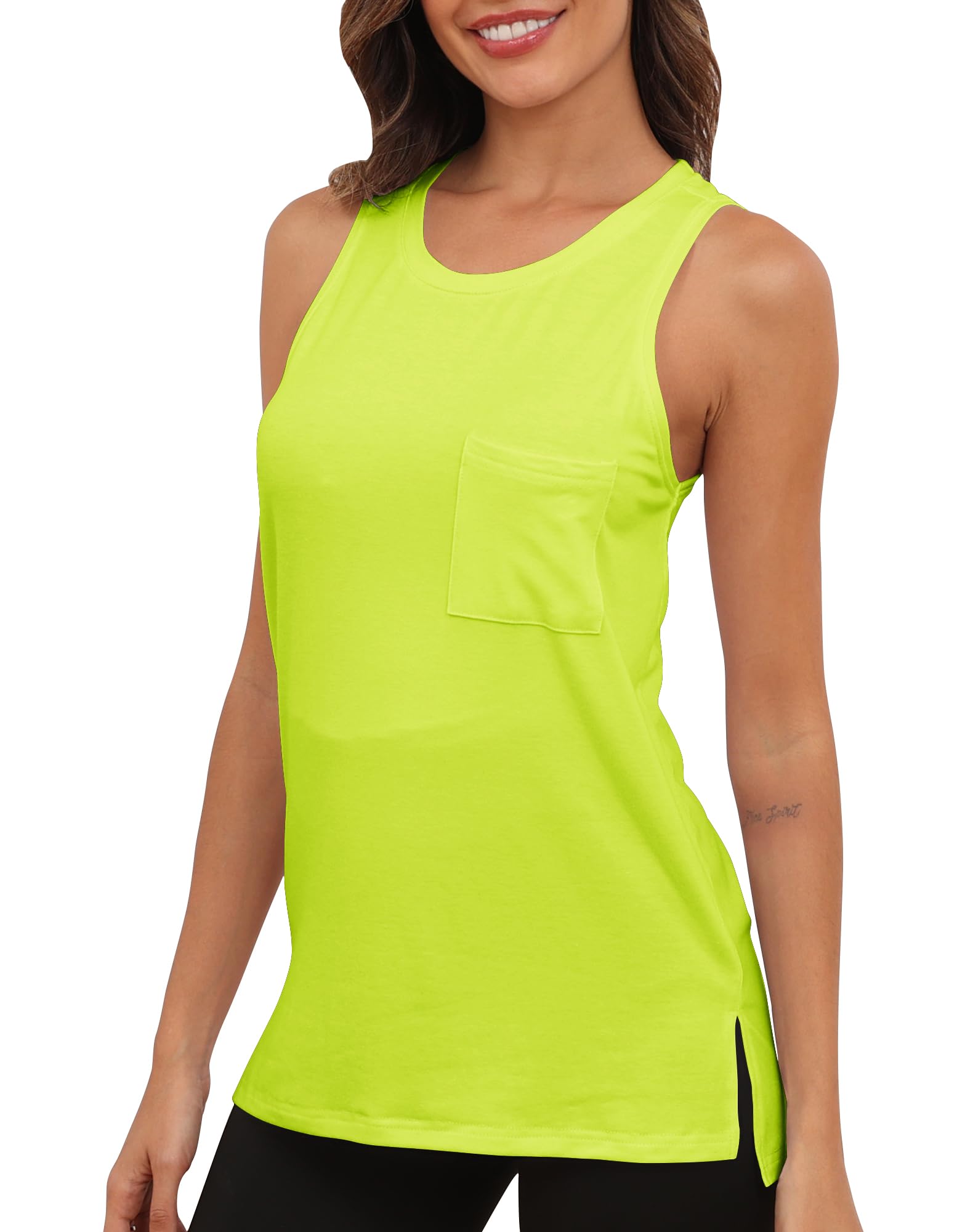 Smile Fish Women's Crew Neck Loose Fit Flowy Tank Top Basic Cotton Sleeveless Shirt Pocket Neon Green,XL