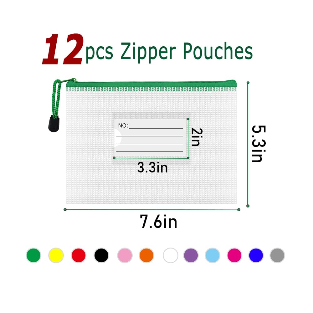 AUSTARK Plastic Mesh Zipper Pouch, 12Pcs Zipper File Bags with Label Pocket, Game Boards Storage Bags, Waterproof Document Storage Bags for Office Home Travel (B6 Size 7.6x5.3 in)