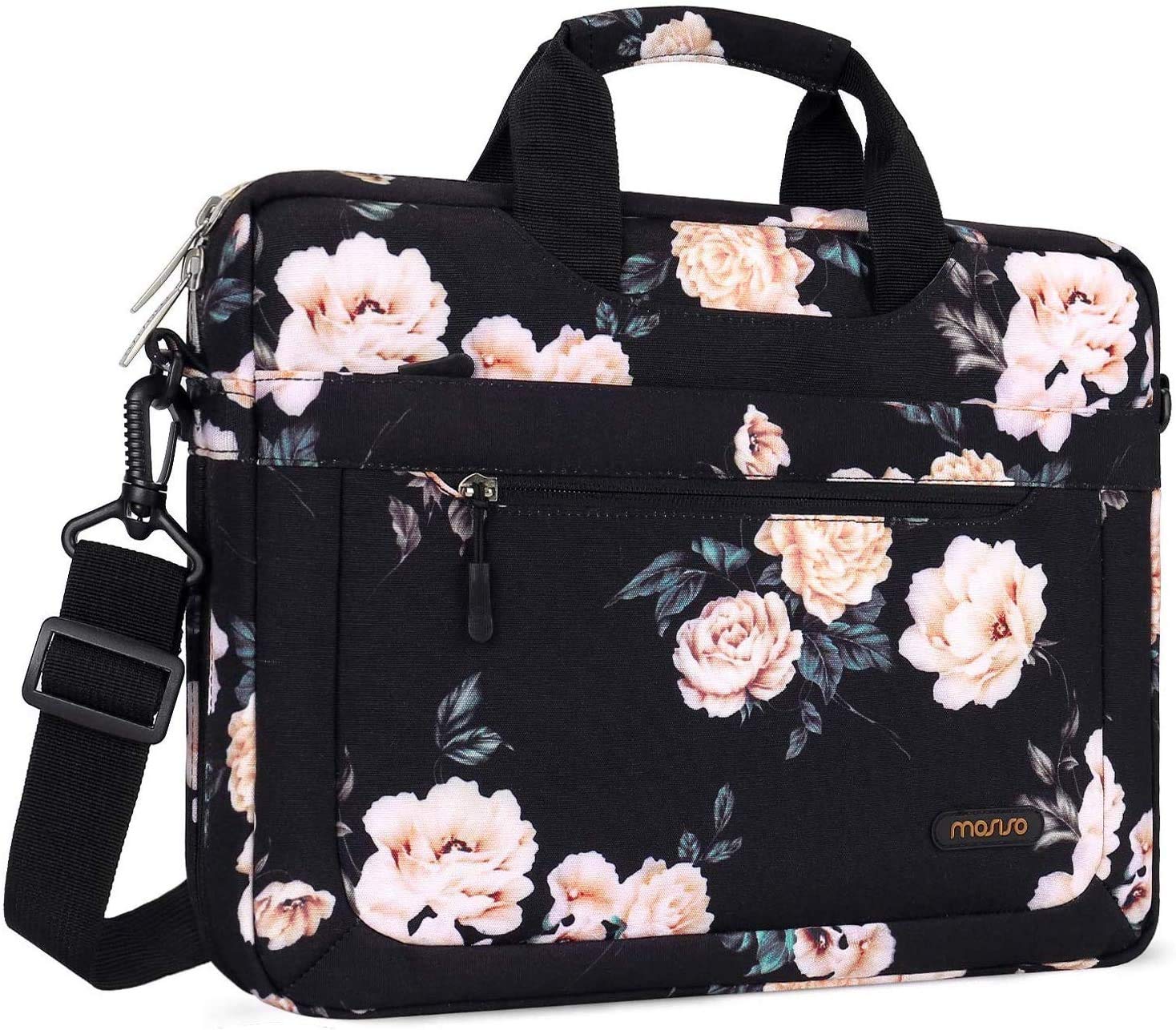 MOSISO Laptop Shoulder Bag Compatible with MacBook Air 15 inch M3 A3114 M2 A2941/Pro 16 M4 M3 M2 M1, 15-15.6 inch Notebook, Camellia Sleeve with Adjustable Depth at Bottom, Black