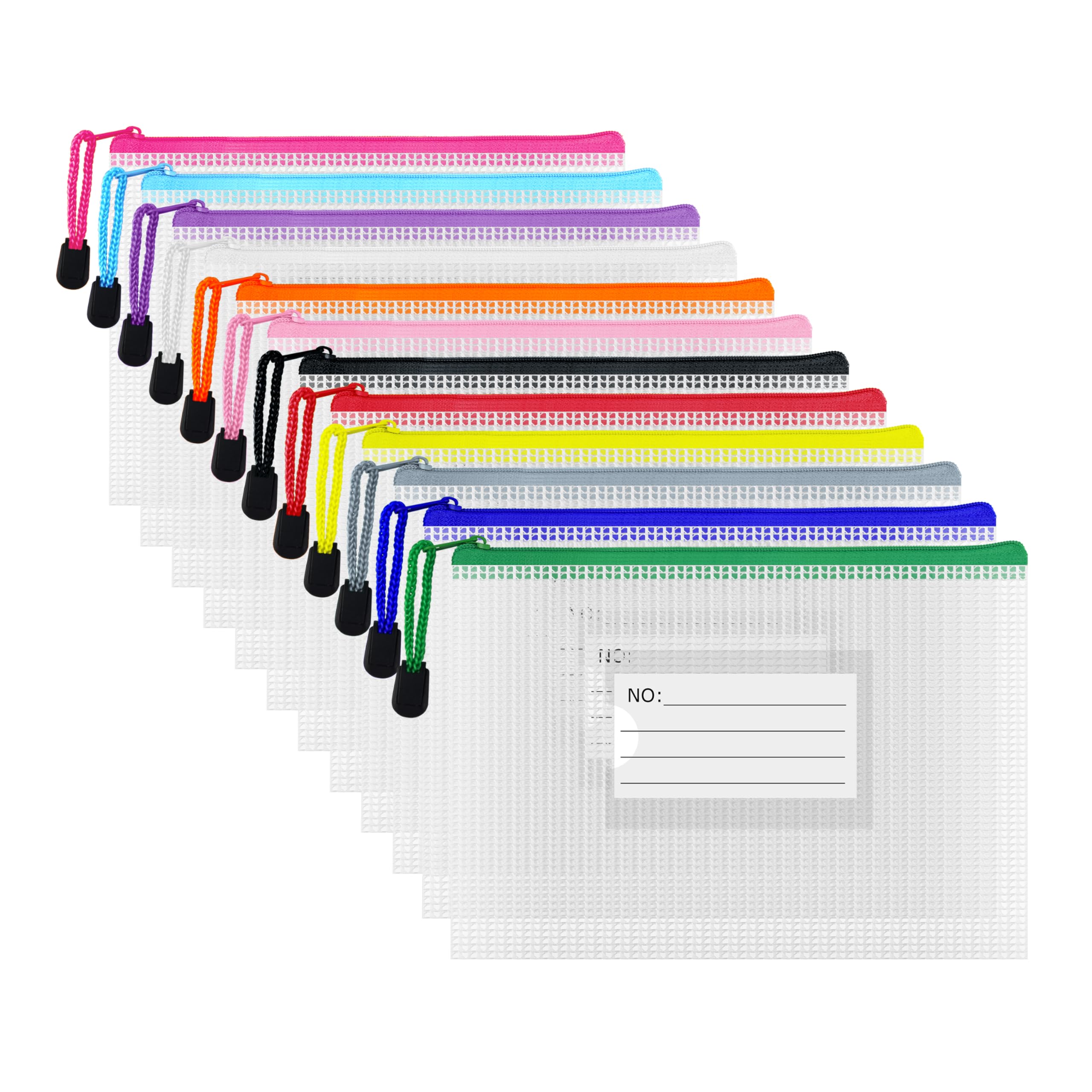 AUSTARK Plastic Mesh Zipper Pouch, 12Pcs Zipper File Bags with Label Pocket, Game Boards Storage Bags, Waterproof Document Storage Bags for Office Home Travel (B6 Size 7.6x5.3 in)