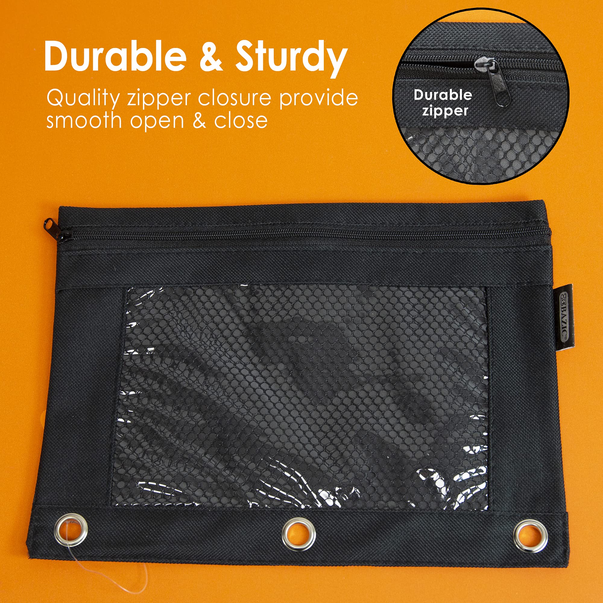 BAZIC Pencil Pouch 3 Ring Binder Pouch w/ Rivet Enforced Rings Hole, Black Mesh Window Zipper Pouches, 1-Count