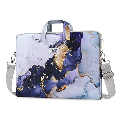 MOSISO Laptop Shoulder Bag Compatible with MacBook Air 15 inch M2 A2941 2023/Pro 16 2023-2019 M2 A2780 M1 A2485 A2141/Pro 15 A1398,15-15.6 inch Notebook, Briefcase Sleeve with Belt Marble MO-MBH348