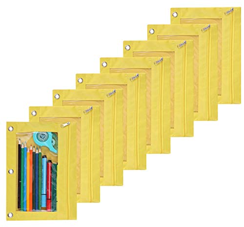Zippered Pen Pencil Binder Pouch 3 Rings with Clear Window for School Classroom Organizers 8 Pcs (Yellow)
