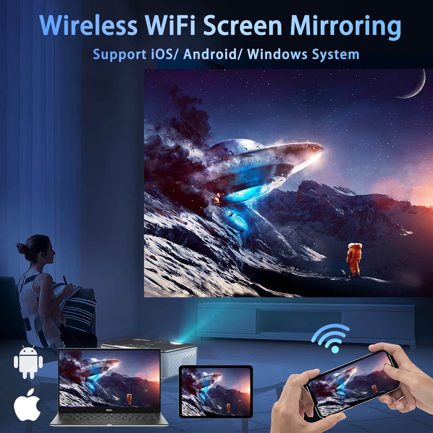 WiFi Bluetooth Projector, Native 1080P HD Movie Projector with Carrying Case, 9500LM 4K Supported 200" Display Home Theater, Compatible with iOS/ Android/ Xbox/ PS5/ TV Stick/ HDMI…