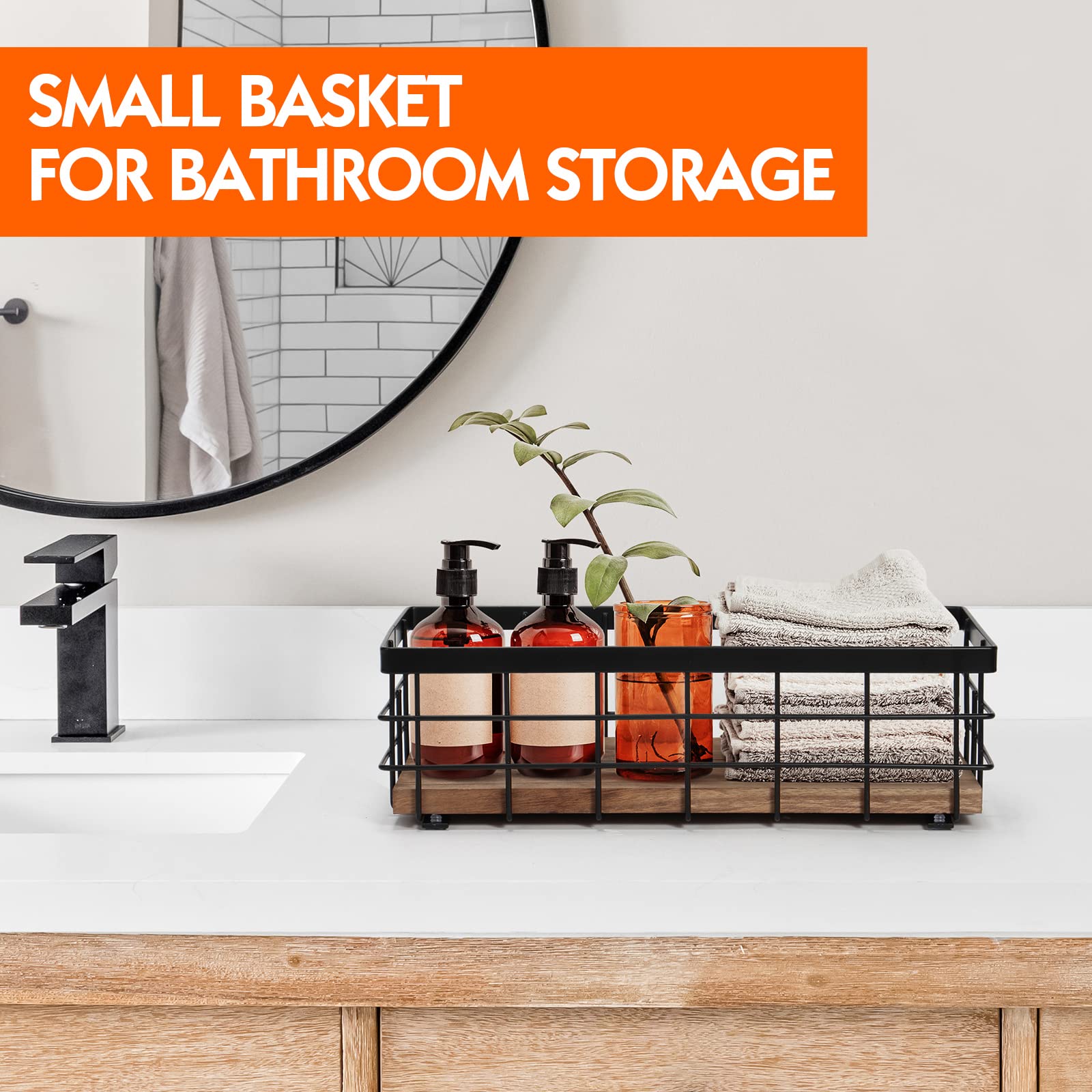 TJ.MOREE Small Metal Wire Basket, Decorative Wood Base Organizer for Bathroom, Kitchen, Basket for Toilet Paper Storage, Sugar Packet, Coffee Syrup, Guest Towel, Napkin