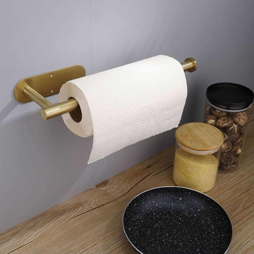 Paper Towel Holder Wall Mount,Aluminum Alloy Paper Towel Holder Sturdy and Durable ,Paper Towel Holder Under Cabinet ,Vertically or Horizontally Mount Both Available in Adhesive and Screws(Gold)