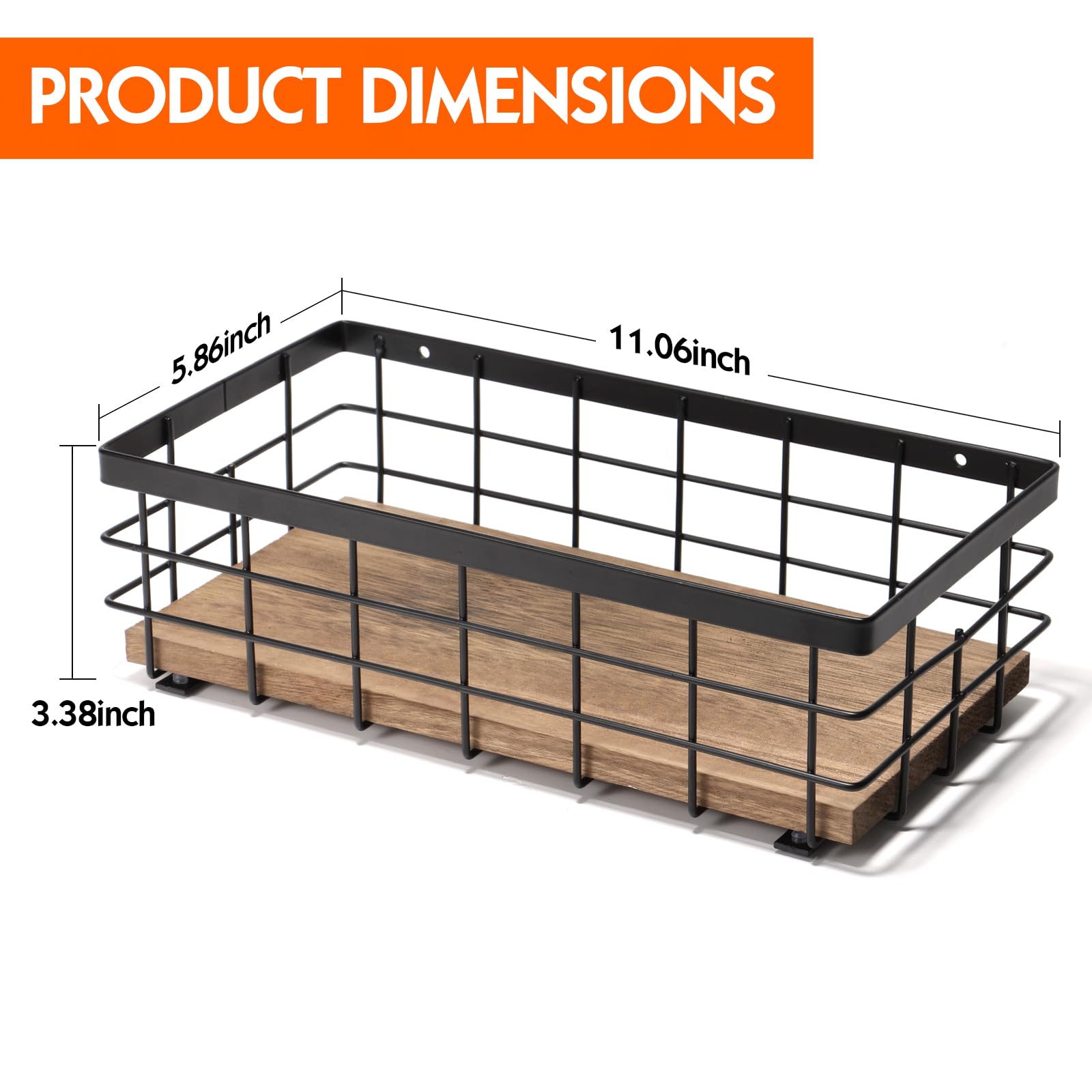 TJ.MOREE Small Metal Wire Basket, Decorative Wood Base Organizer for Bathroom, Kitchen, Basket for Toilet Paper Storage, Sugar Packet, Coffee Syrup, Guest Towel, Napkin