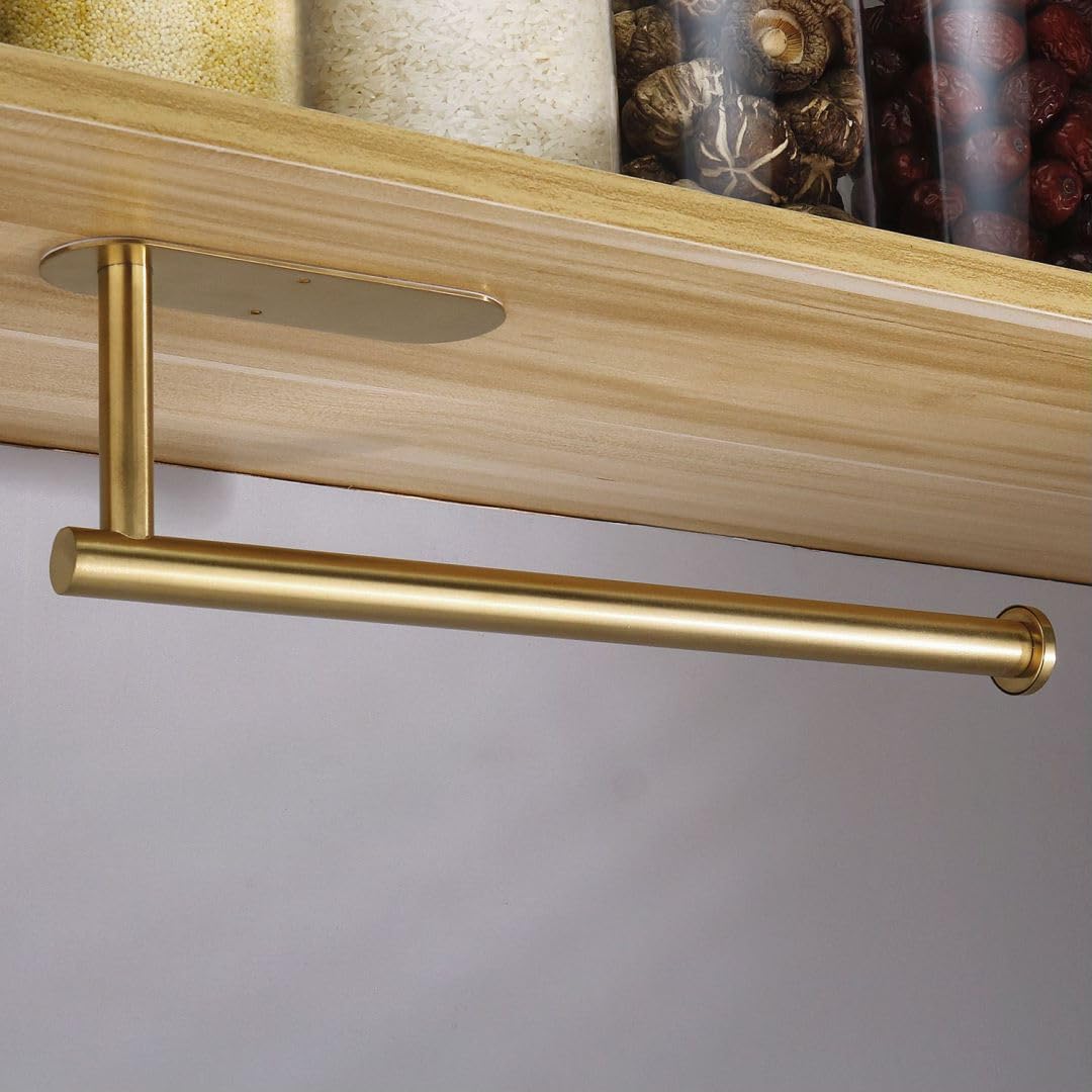 Paper Towel Holder Wall Mount,Aluminum Alloy Paper Towel Holder Sturdy and Durable ,Paper Towel Holder Under Cabinet ,Vertically or Horizontally Mount Both Available in Adhesive and Screws(Gold)