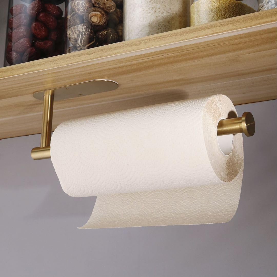 Paper Towel Holder Wall Mount,Aluminum Alloy Paper Towel Holder Sturdy and Durable ,Paper Towel Holder Under Cabinet ,Vertically or Horizontally Mount Both Available in Adhesive and Screws(Gold)