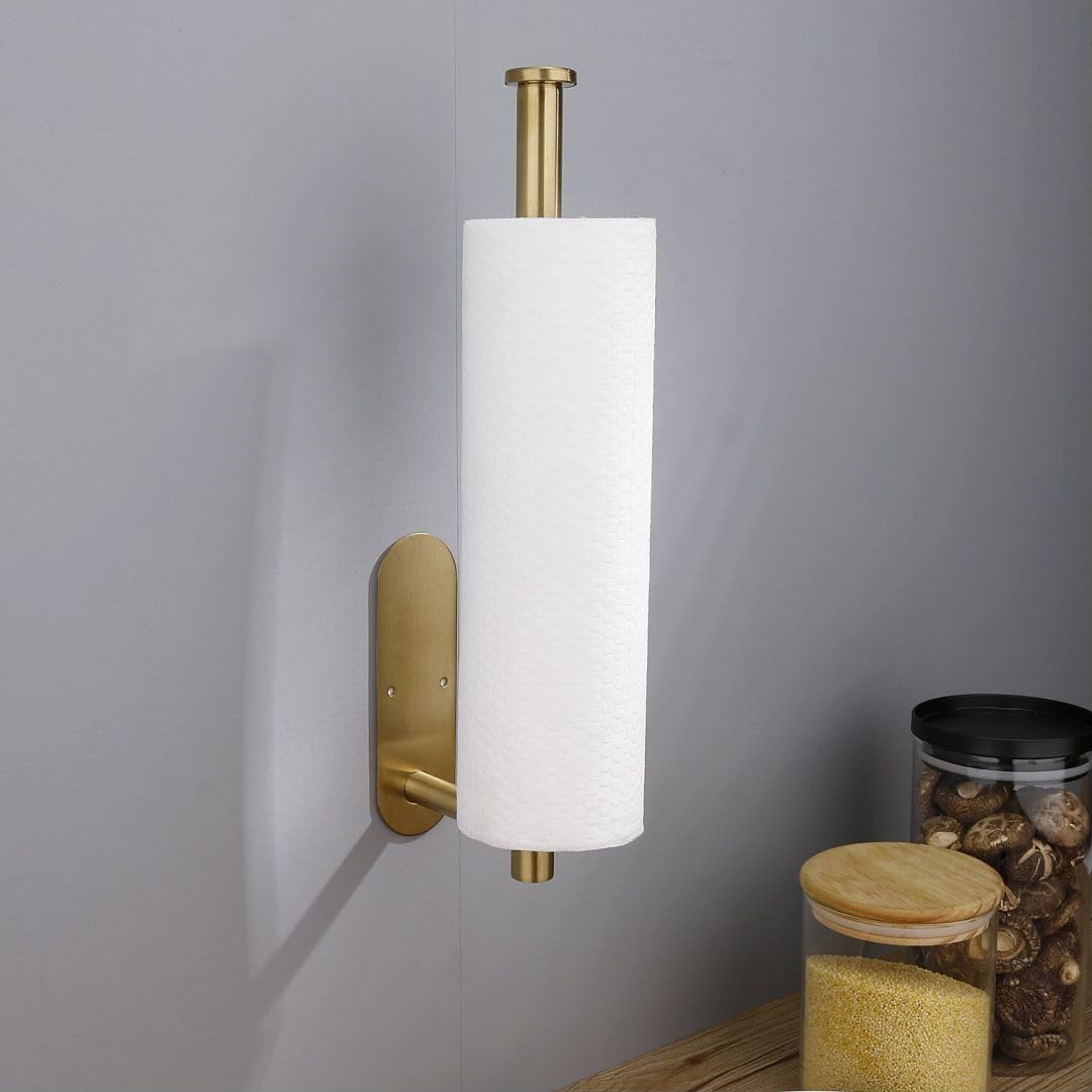 Paper Towel Holder Wall Mount,Aluminum Alloy Paper Towel Holder Sturdy and Durable ,Paper Towel Holder Under Cabinet ,Vertically or Horizontally Mount Both Available in Adhesive and Screws(Gold)