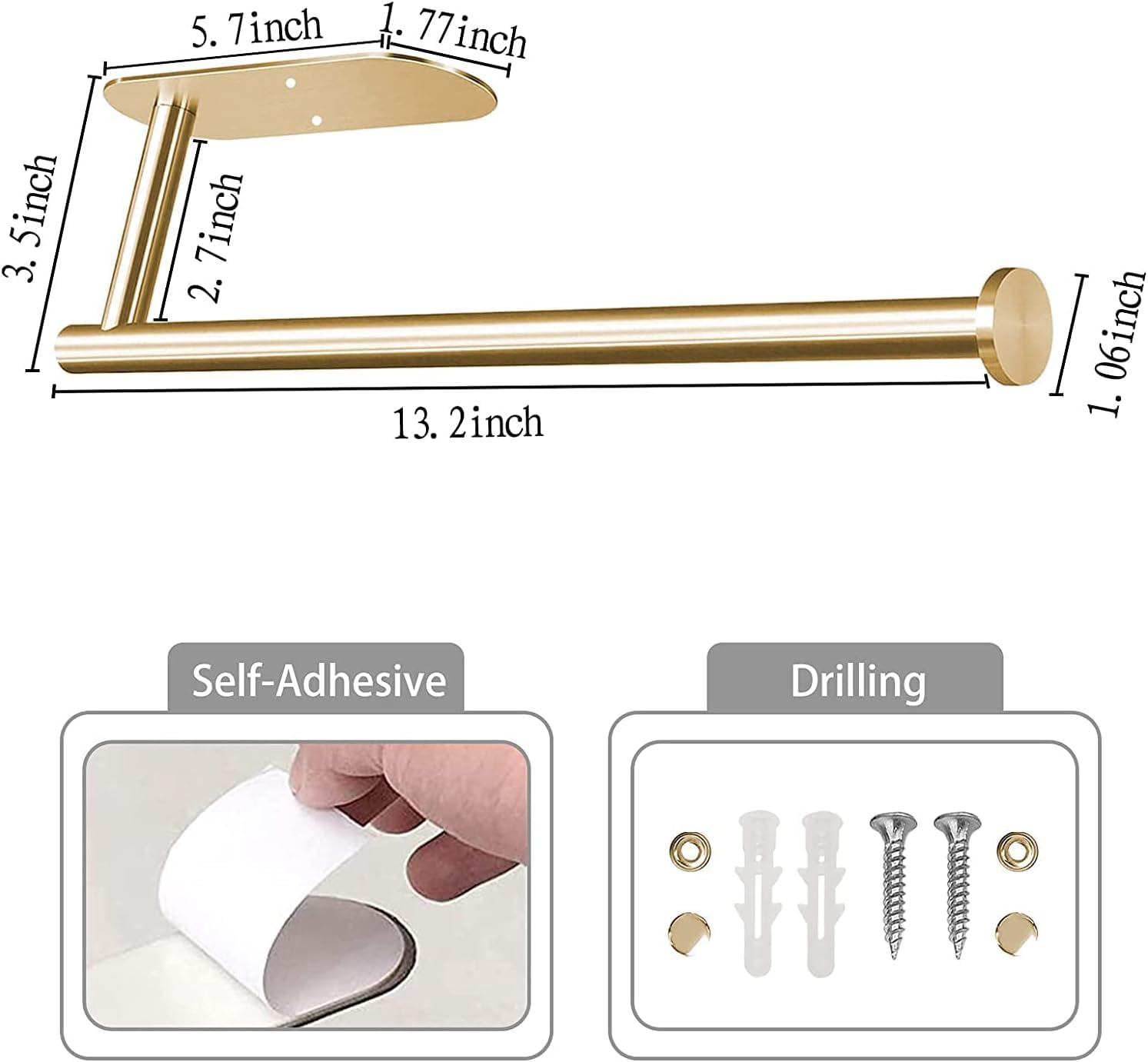Paper Towel Holder Wall Mount,Aluminum Alloy Paper Towel Holder Sturdy and Durable ,Paper Towel Holder Under Cabinet ,Vertically or Horizontally Mount Both Available in Adhesive and Screws(Gold)