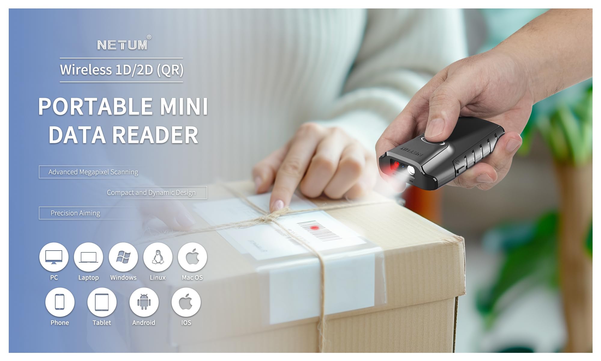 NETUM Bluetooth 2D Barcode Scanner, 3-in-1 Small Portable QR Bar Code Reader Automatic Wireless Gun Scan Back Clip Work with Tablet iOS Android Windows MacOS for Warehouse Inventory POS - E800