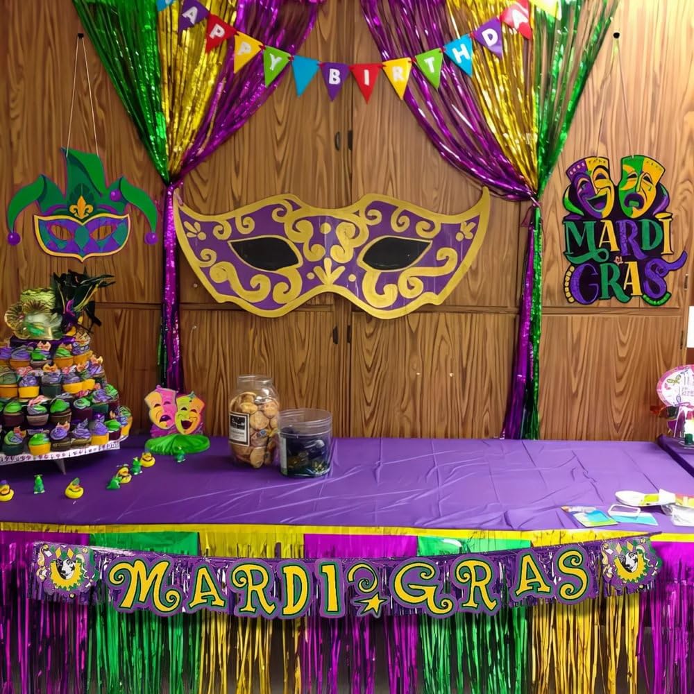 Mardi Gras Metallic Fringed Banner (7 feet long) Mardi Gras Party Decor