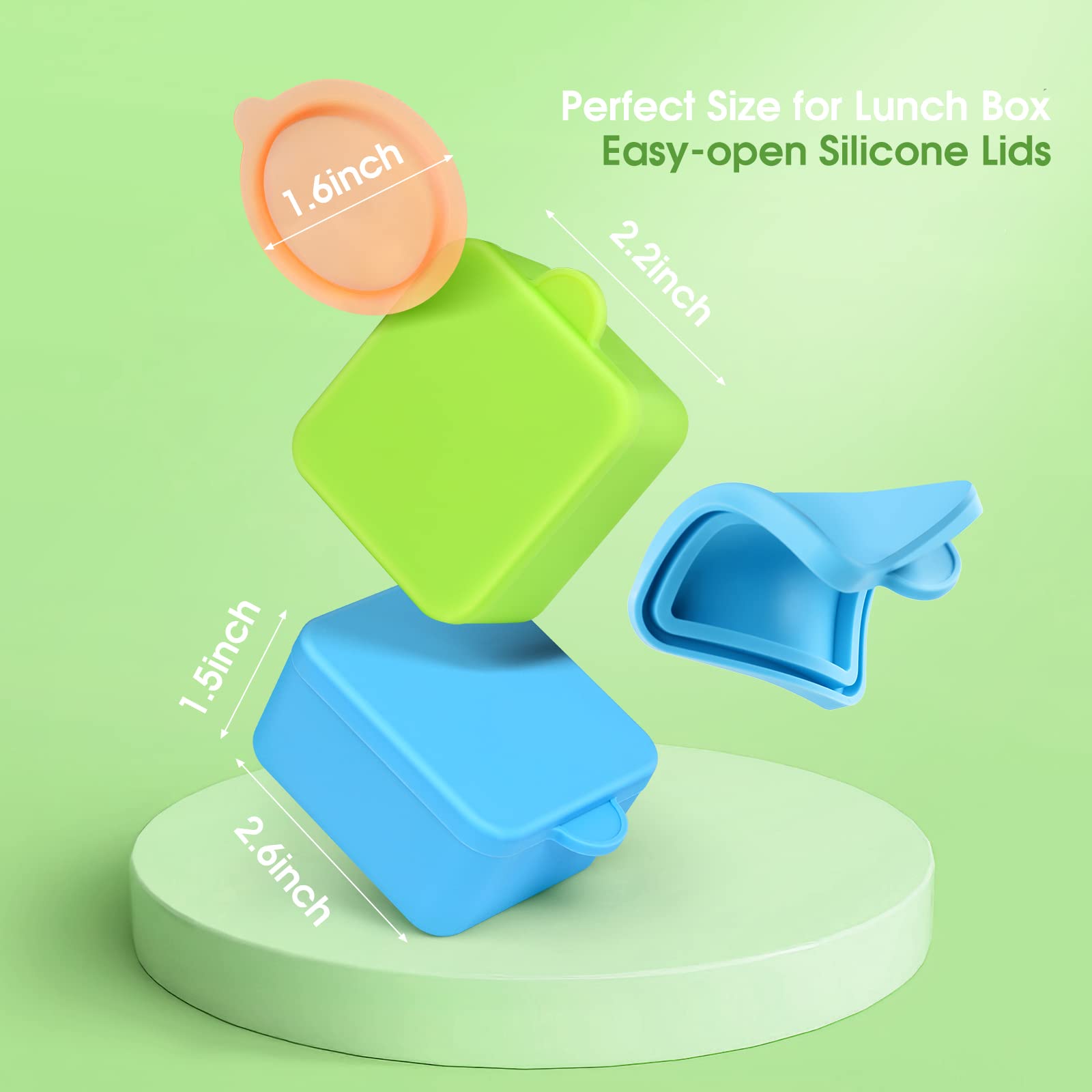 Salad Dressing Container To Go, Compatible with Bentgo Kids Lunch Box, 2x 3oz Small Containers with Lids, Premium Silicone, Easy Open Snack Containers, Leakproof Dips Sauce Container for Lunch Box(Blue/Lime)