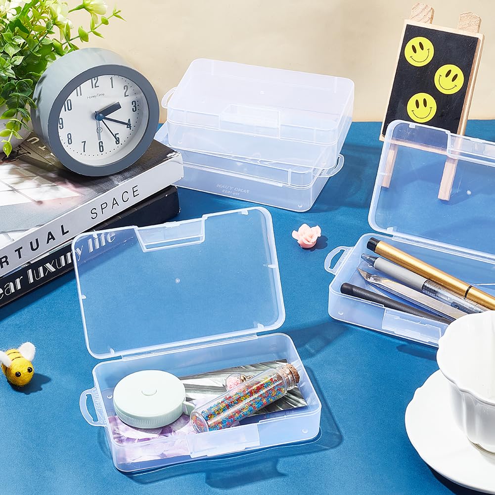BENECREAT 4 Pack 5.5x3.5x1.5 Large Clear Plastic Box Container Clear Storage Organizer with Hinged Lid for Small Craft Accessories Office Supplies Clips