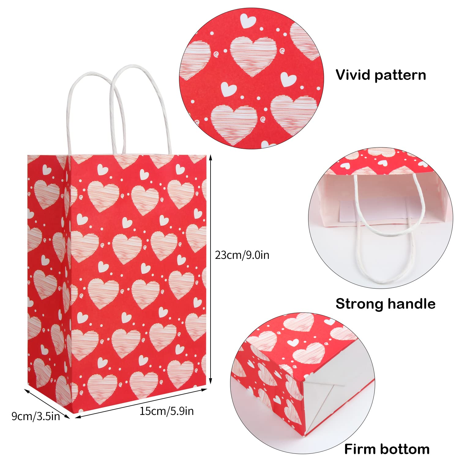 DIYASY Valentine's Day Paper Gift Bags with Tissue Paper,24 Pack Red Pink Heart Love Candy Present Bags with Handle for Wedding and Valentine Party Favors Gift Wrapping Supply