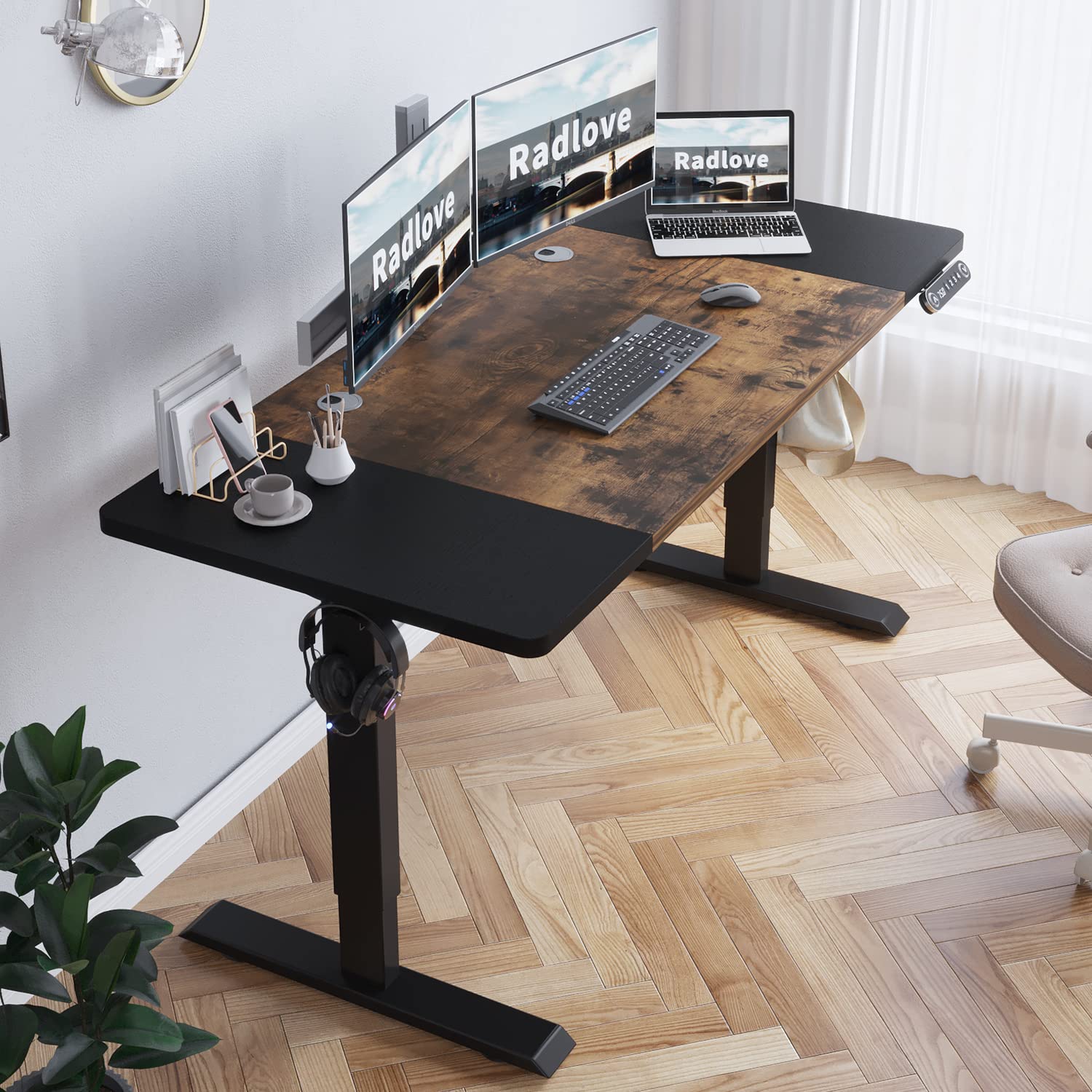 Radlove Electric Height Adjustable Standing Desk, 63x 30 Inches Stand Up Desk Workstation, Splice Board Home Office Computer Standing Table Ergonomic Desk (Black+ Brown, 63x30'')