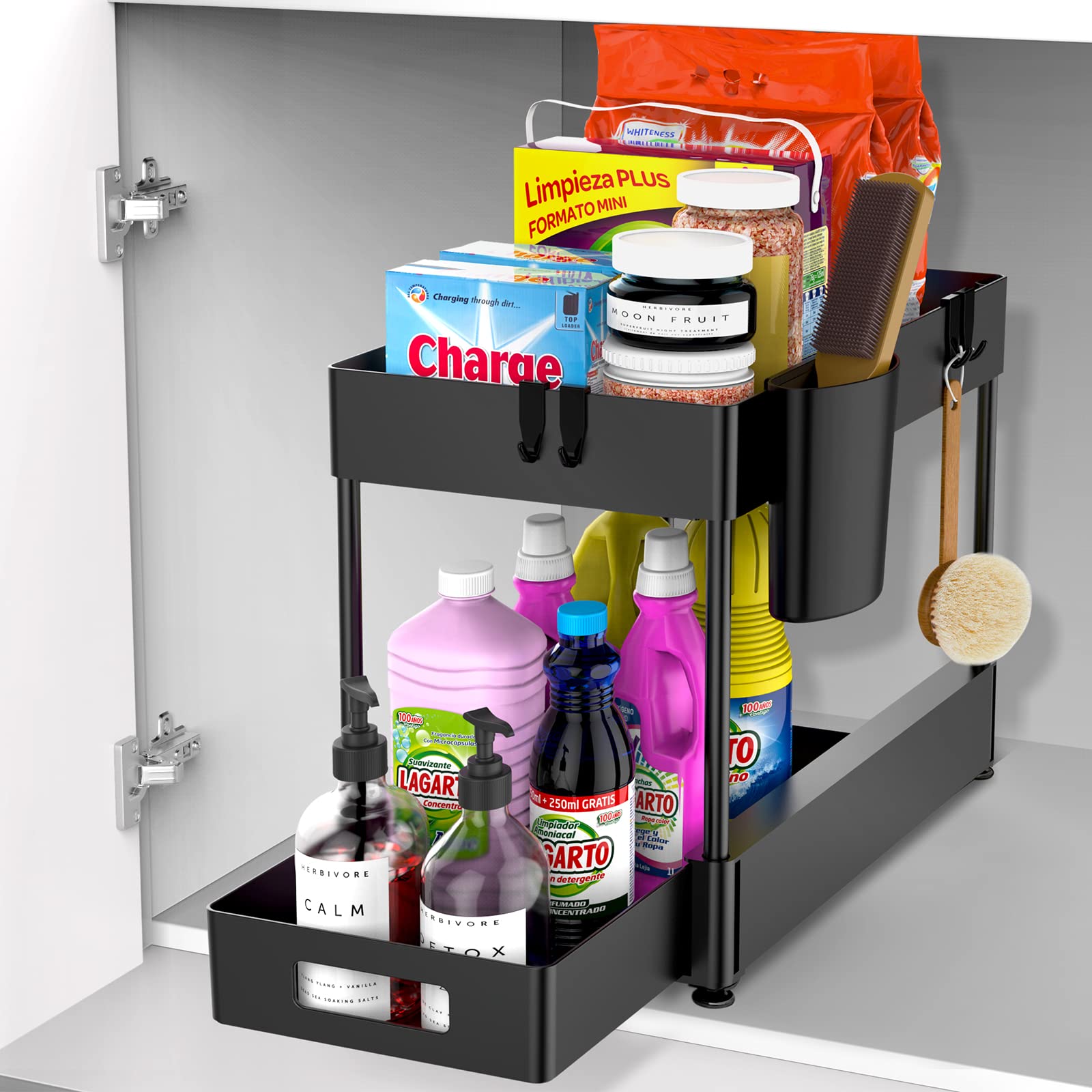 Under Sink Organizers and Storage, 2 Tier Bathroom Organizer Rack with Sliding Drawer, Hooks, Hanging Cup, Multi-purpose Bath Collection Baskets Storage Shelf for Bathroom Kitchen Countertop Cabinet