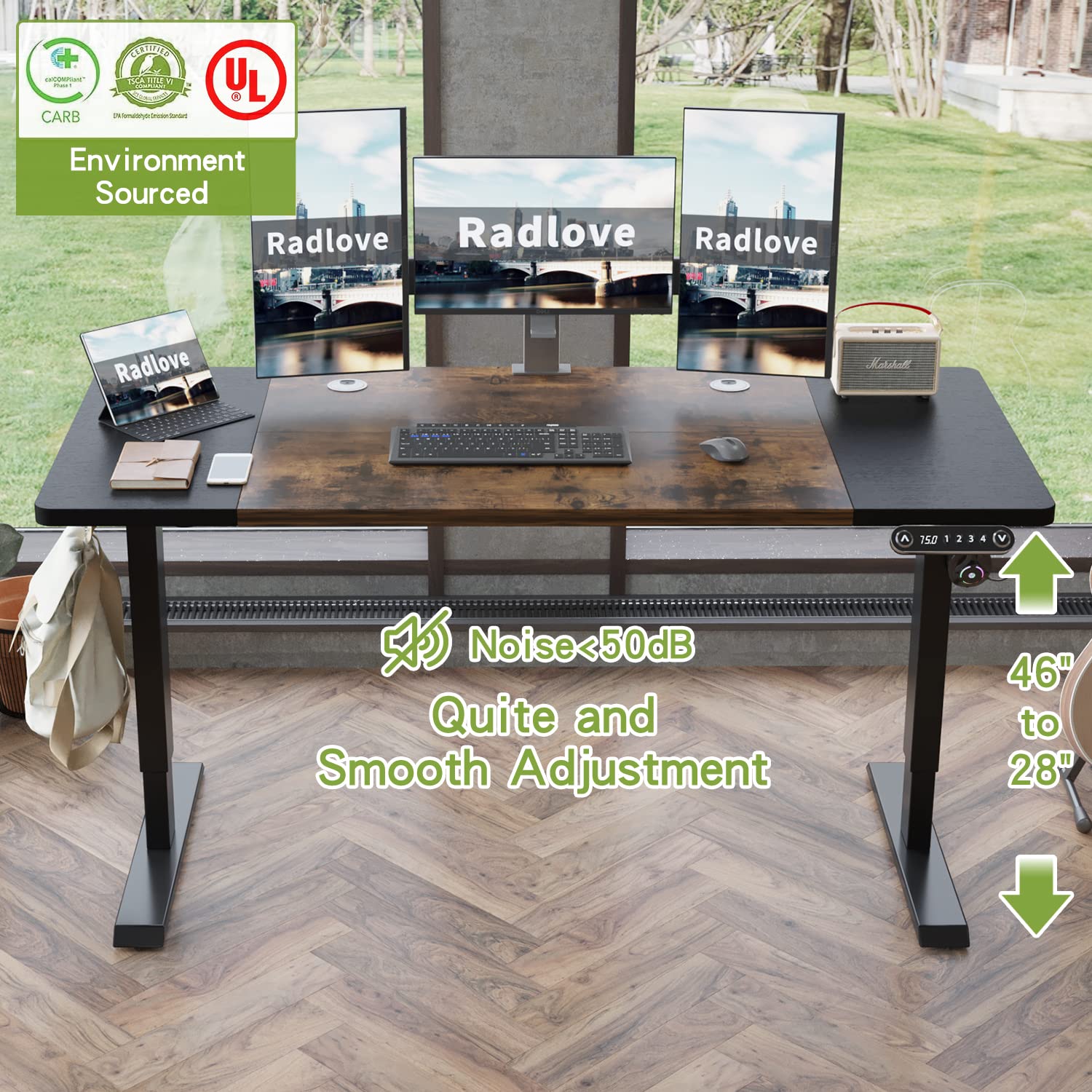 Radlove Electric Height Adjustable Standing Desk, 63x 30 Inches Stand Up Desk Workstation, Splice Board Home Office Computer Standing Table Ergonomic Desk (Black+ Brown, 63x30'')